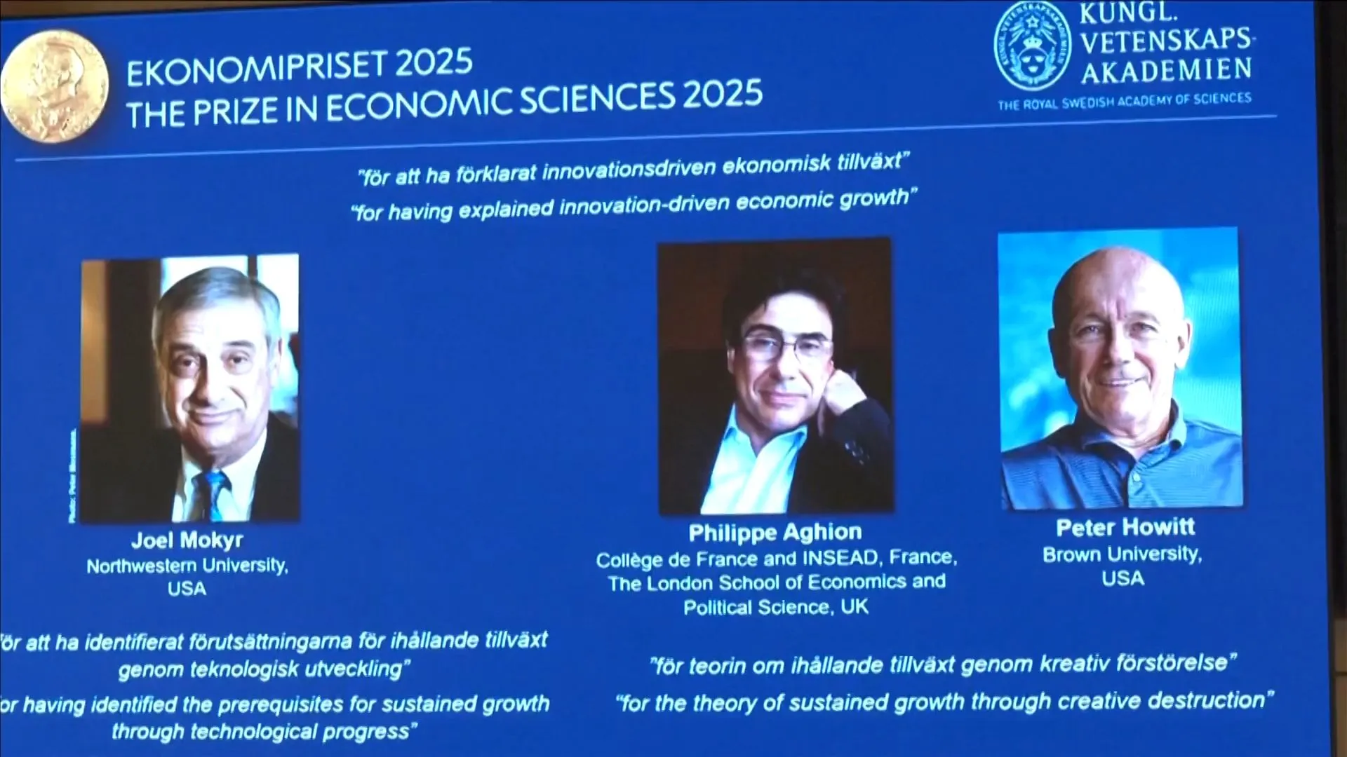 Le prix Nobel d'économie 2025 décerné à Joel Mokyr, Philippe Aghion et Peter Howitt pour leurs ...